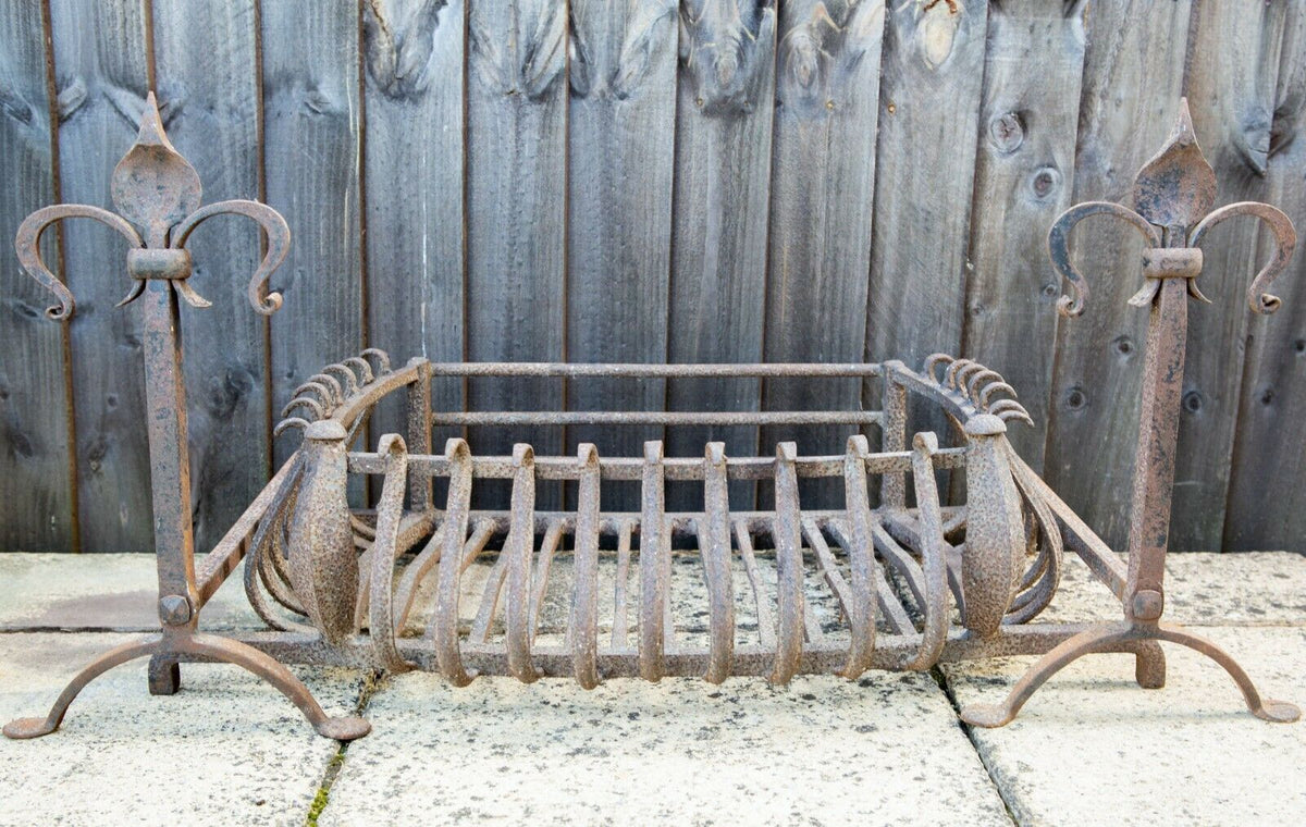 19Th/20Th Century Wrought Iron Fire Basket Cradle & Fleur De Lis Fire ...