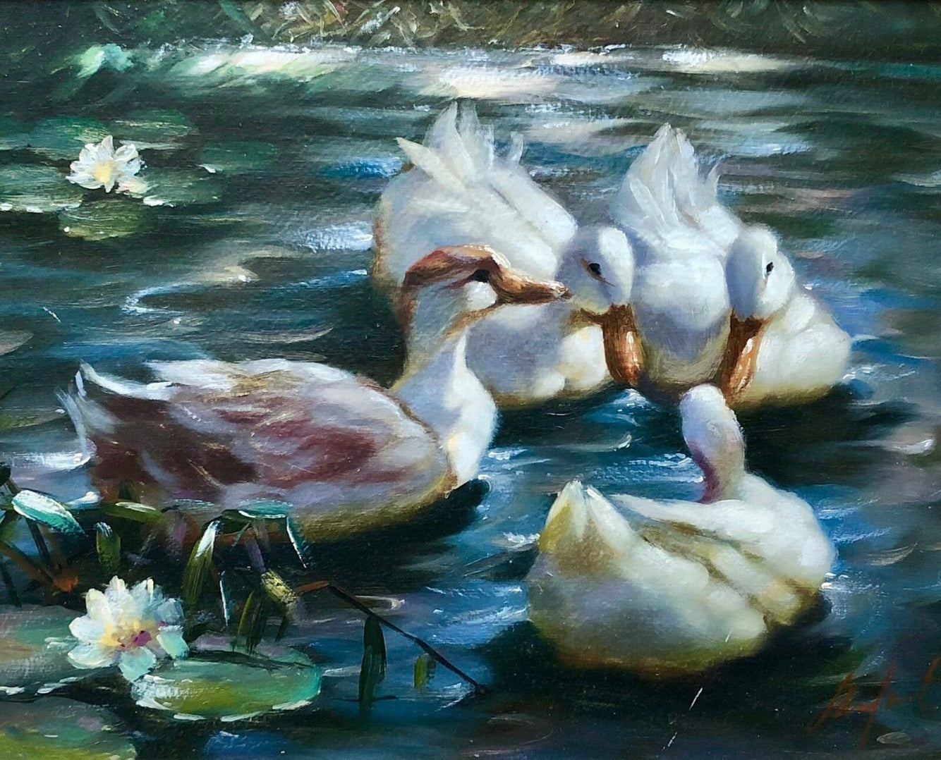 Gerhard Merfort (B.1927) -Four Ducks On A Pond- Oil On Board, Signed ...