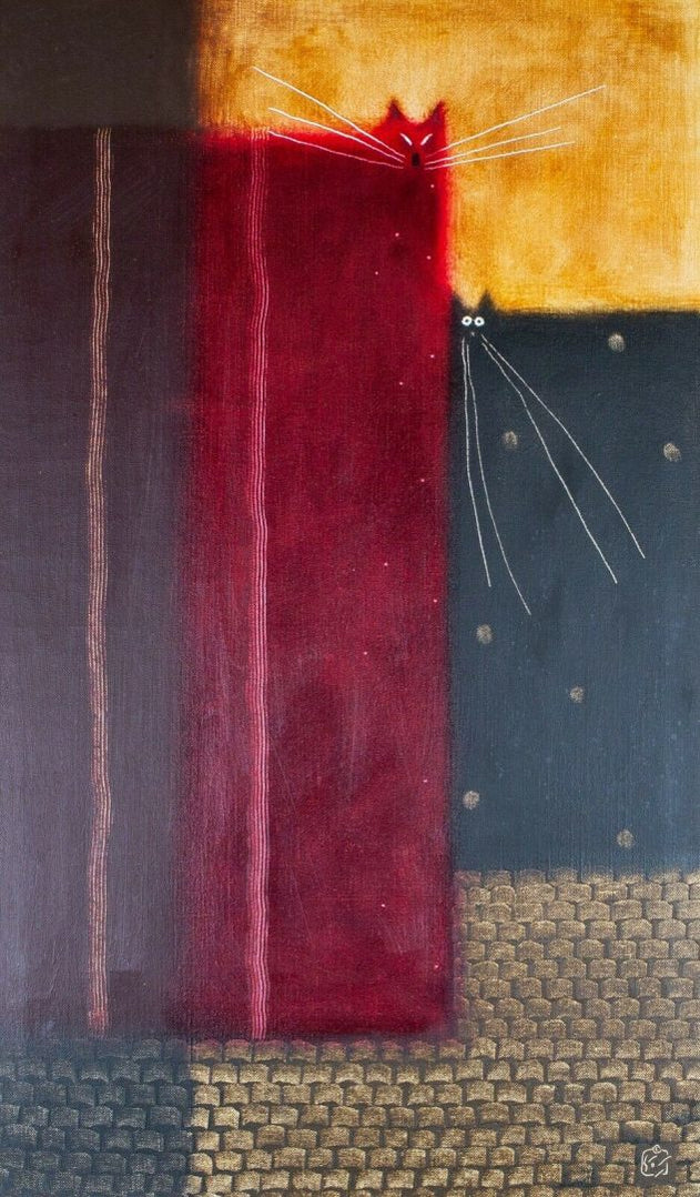 Govinder Nazran (British, 1964-2008) -Two Cats- Original Oil On Canvas ...