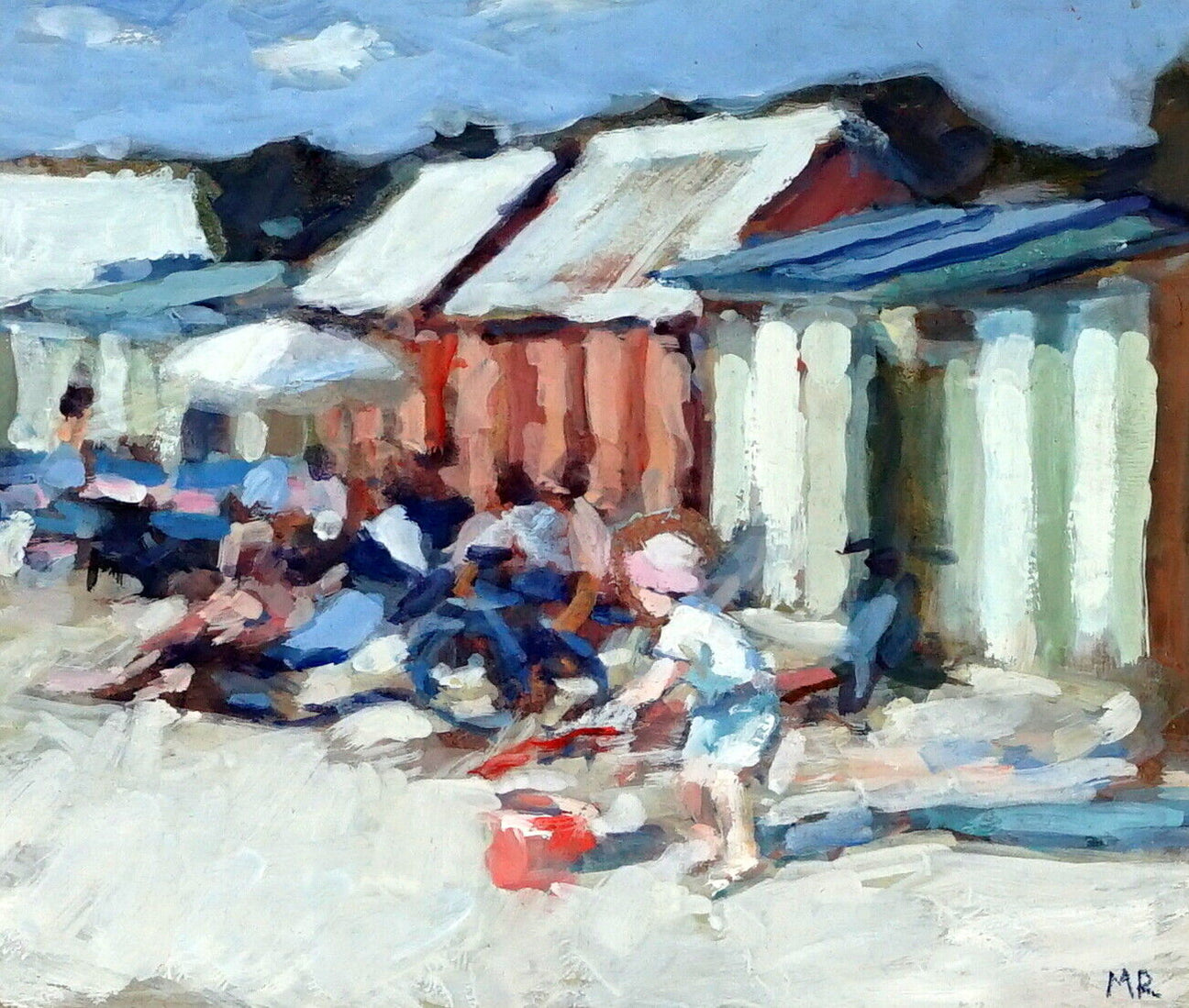 Mark Rowbotham 'Playing By The Beach Huts' Watercolour & Gouache Signed ...