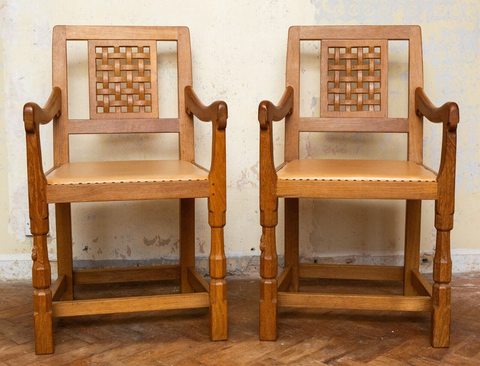 Robert 'Mouseman' Thompson - Pair Of Oak Lattice Back Carver Elbow Arm ...