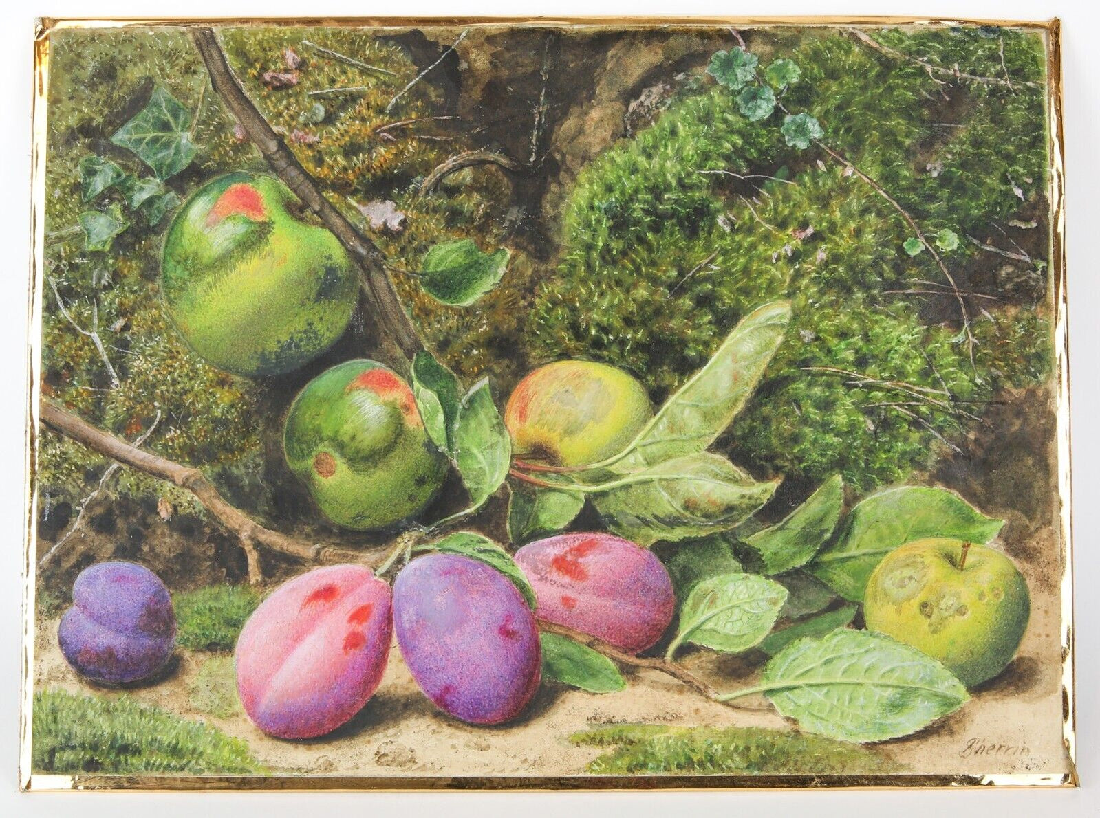 John Sherrin - Still Life Study Of Fruit & Foliage, Watercolour, Signed ...